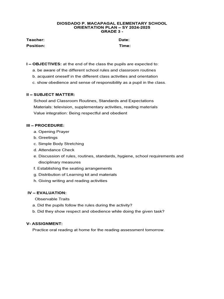 Lesson Plan Orientation | PDF | Education Theory | Behavior Modification