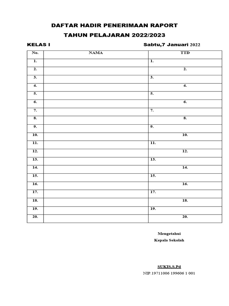 Daftar Hadir Penerimaan Raport | PDF