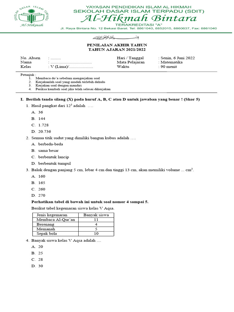 Soal PAT Math 2022 | PDF | Metode & Bahan Ajar | Griya & Taman