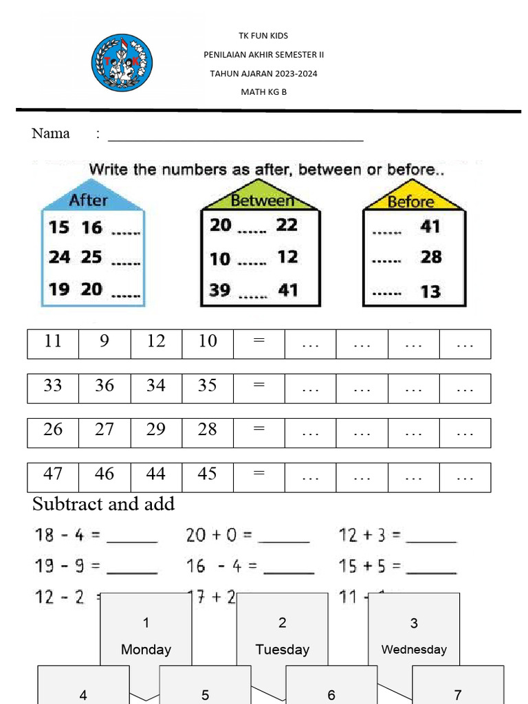 Math Assessment for KG B Students | PDF