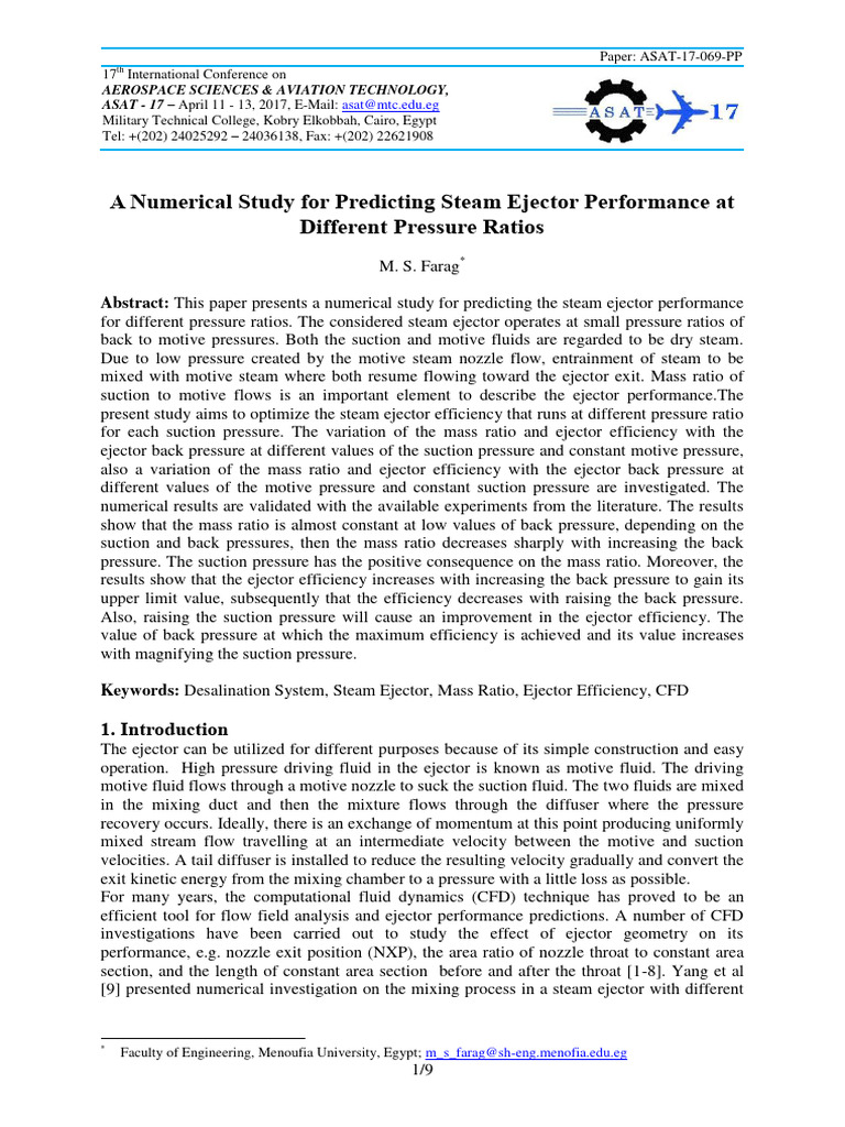 A Numerical Study for Predicting Steam Ejector Performance at Different Pressure Ratios | PDF ...
