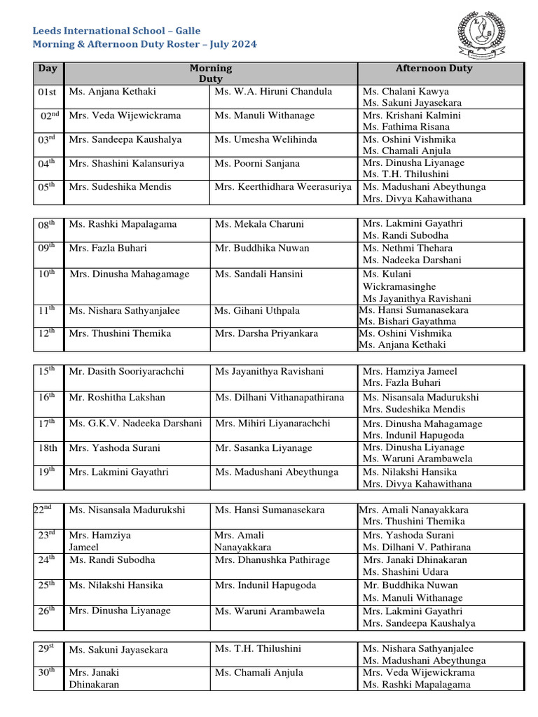 Leeds International School Duty Roster July 2024 | PDF