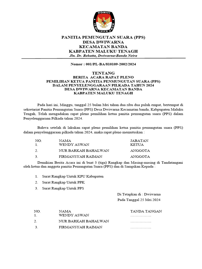 Ba Pleno PPS Tentang Pemilihan Ketua PPS Pemilu 2024 | PDF