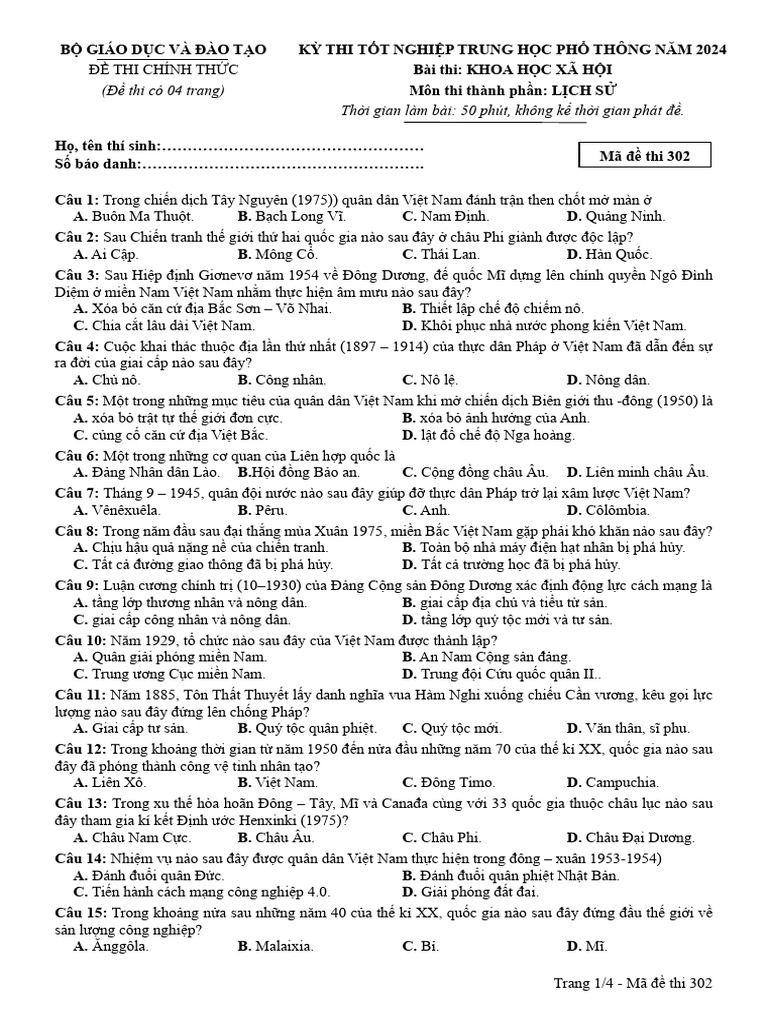 Mã đề thi 302 - A4 | PDF