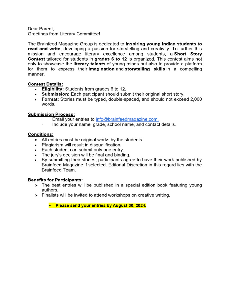 Short Story Contest for Students 2024 | PDF