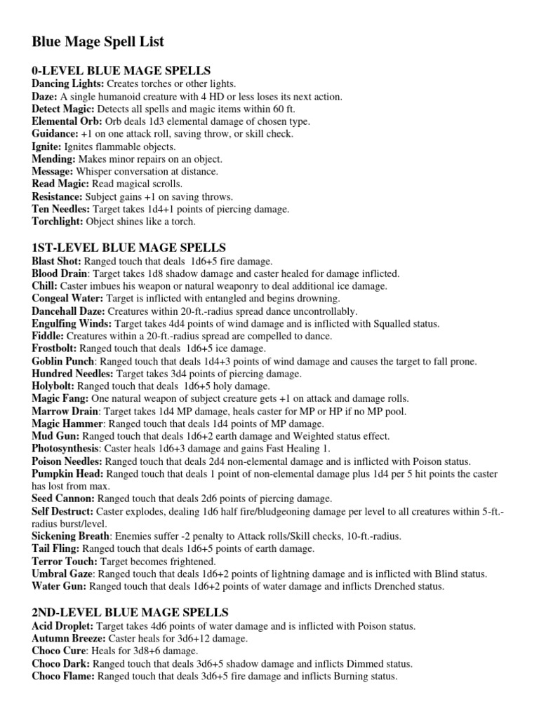 Blue Mage Spell List | PDF