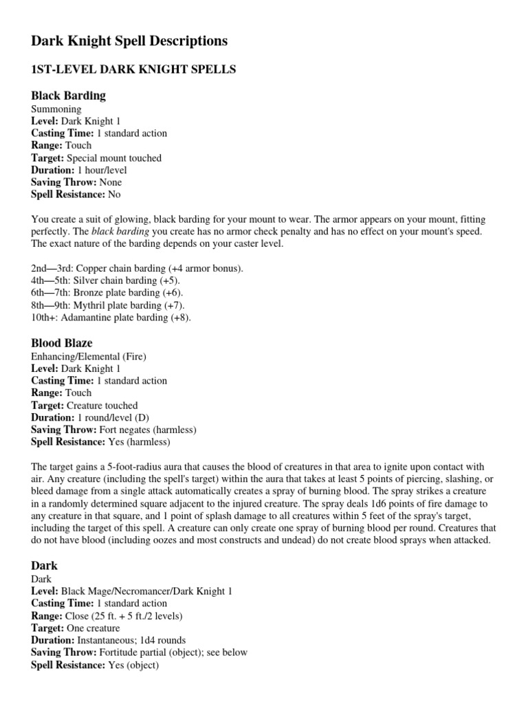 Dark_Knight_Spell_Descriptions | PDF | Light