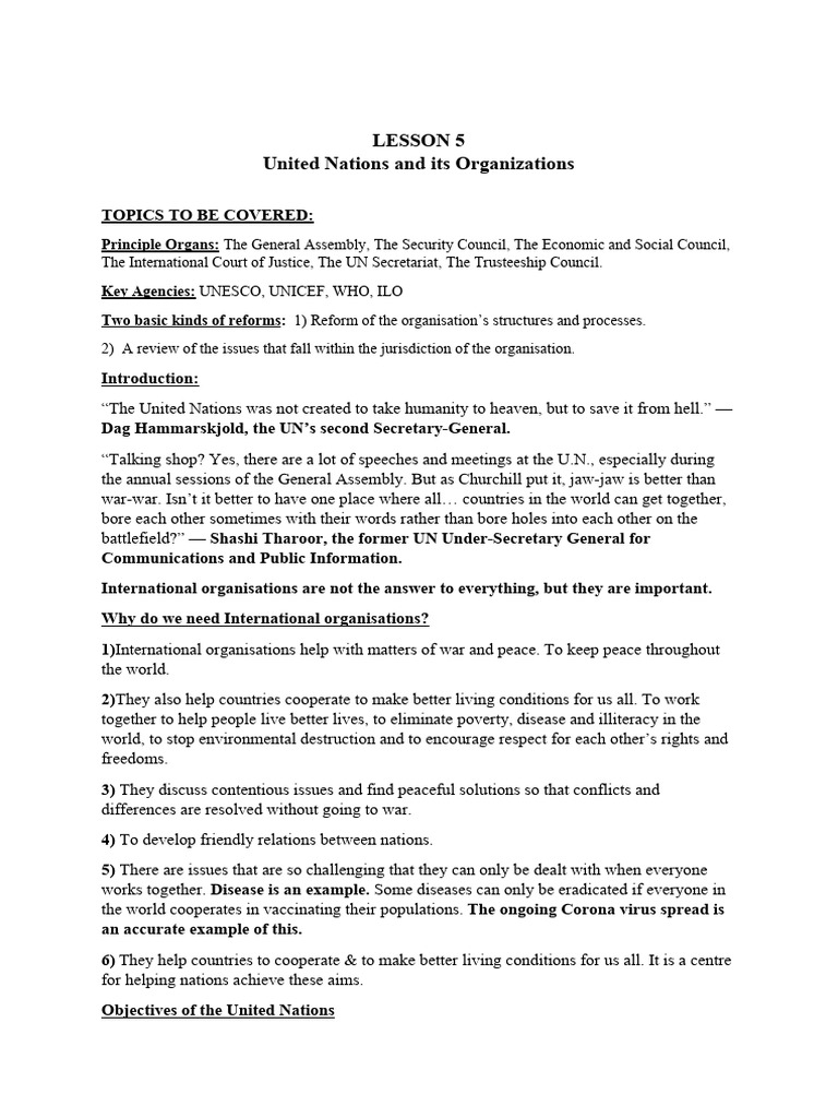 Class 12 Lesson 5 United Nations and Its Organizations | PDF | United ...