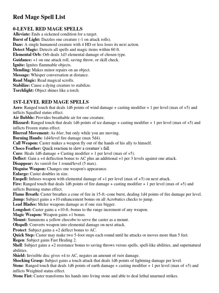 Red_Mage_Spell_List | PDF | Lightning