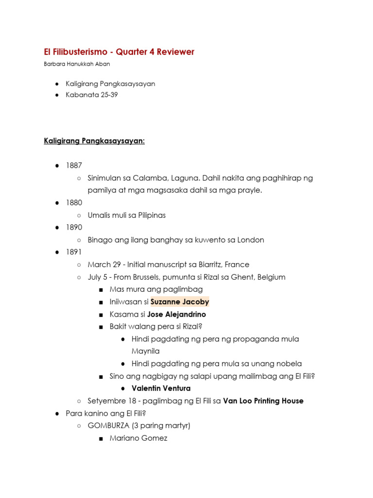 El Filibusterismo Quarter 4 Reviewer | PDF