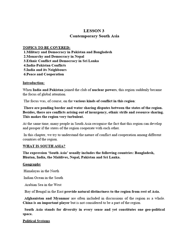 Class 12 Lesson 3 Contemporary South Asia | PDF | South Asia | Pakistan