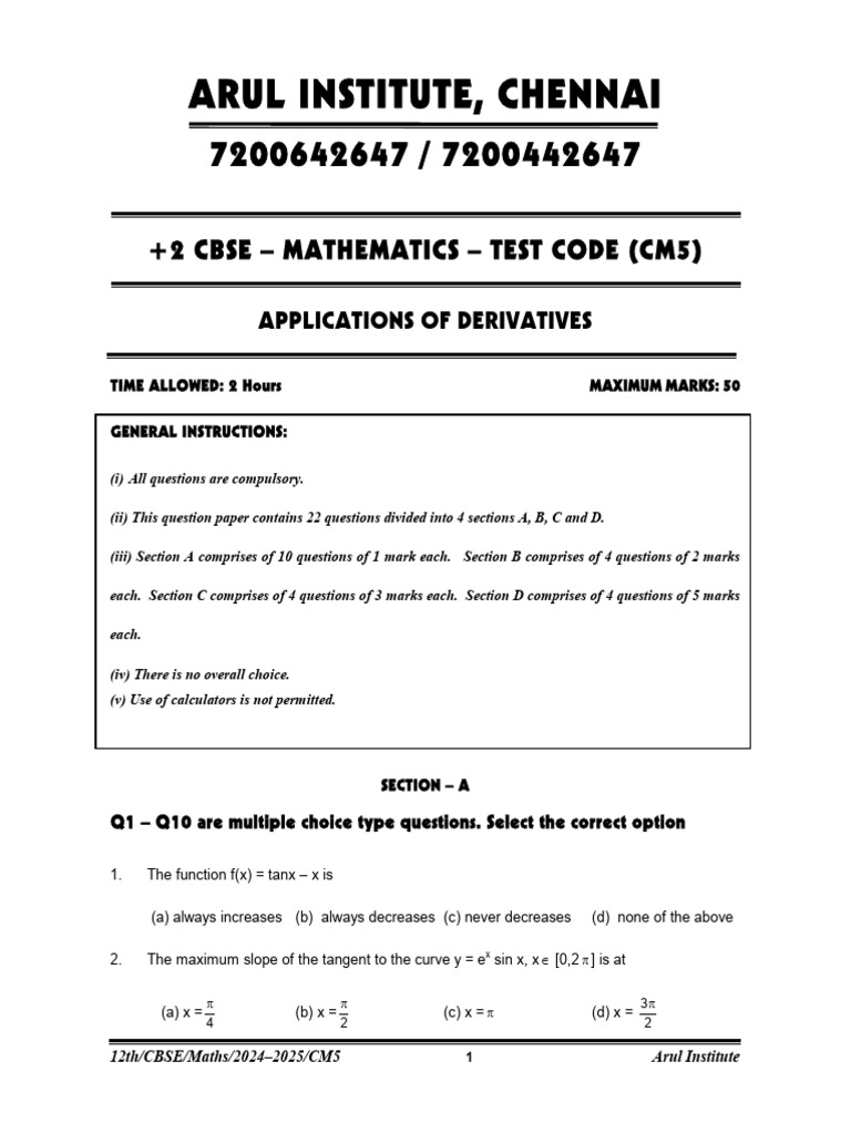 2024-2025 +2 cbse-maths-CM5-qp5 Application of Derivatives | PDF | Area | Pi