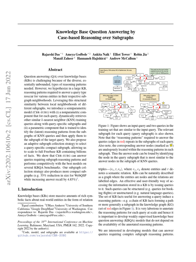 Knowledge Base Question Answering by Case-Based Reasoning Over Subgraphs | PDF | Artificial ...