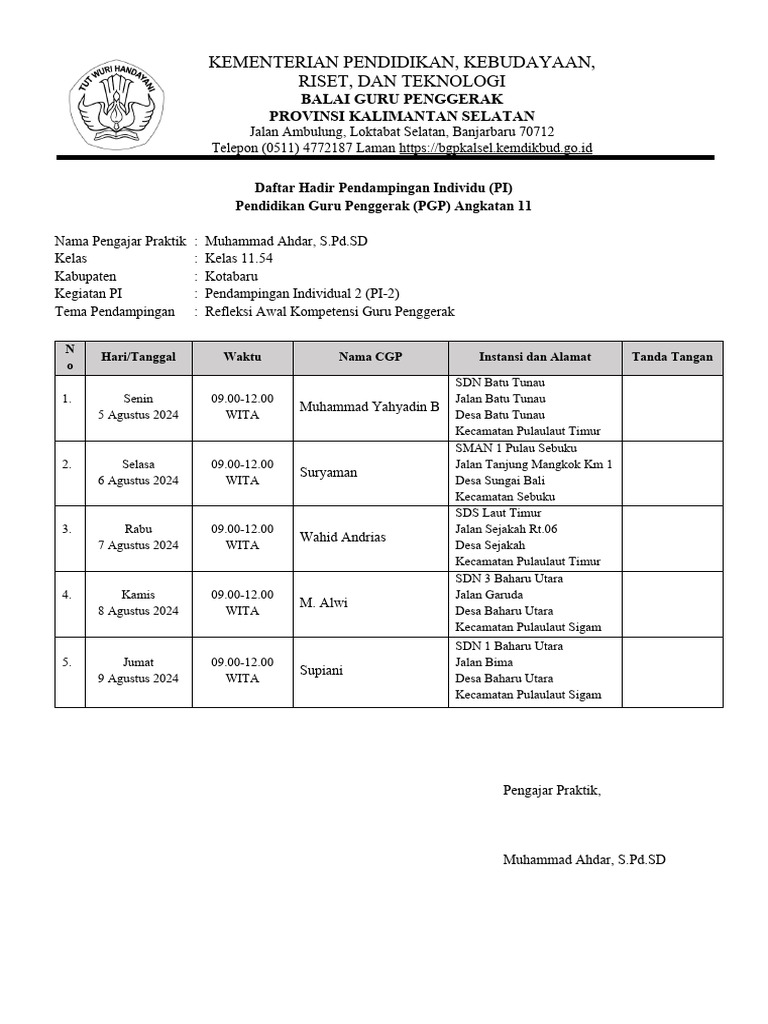 Daftar Hadir PI 2 - CGP | PDF