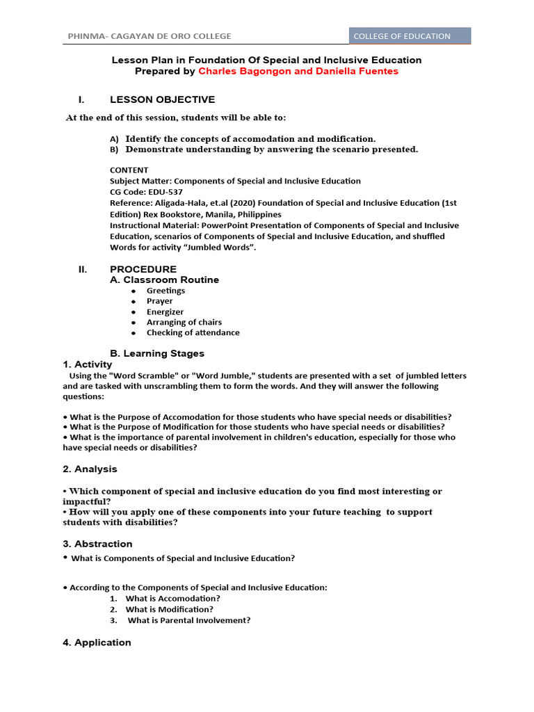 Group 1 Week 6 Lesson Plan 2 1 | PDF | Inclusion (Education) | Special ...