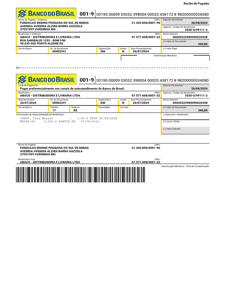 Boleto Fundação Ensino e Pesquisa Do Sul de Minas | PDF | Pagamentos ...