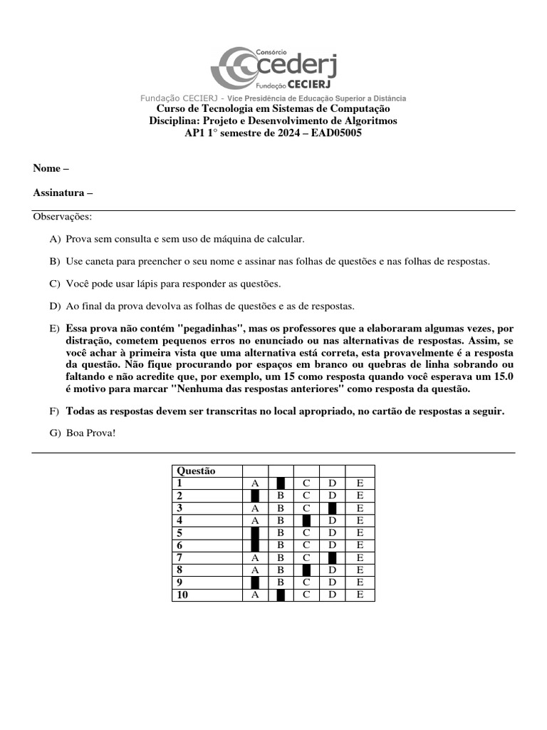 AP1 - 2024 - 01 - Projeto e Desenvolvimento de Algoritmos (Gabarito) | PDF | Algoritmos