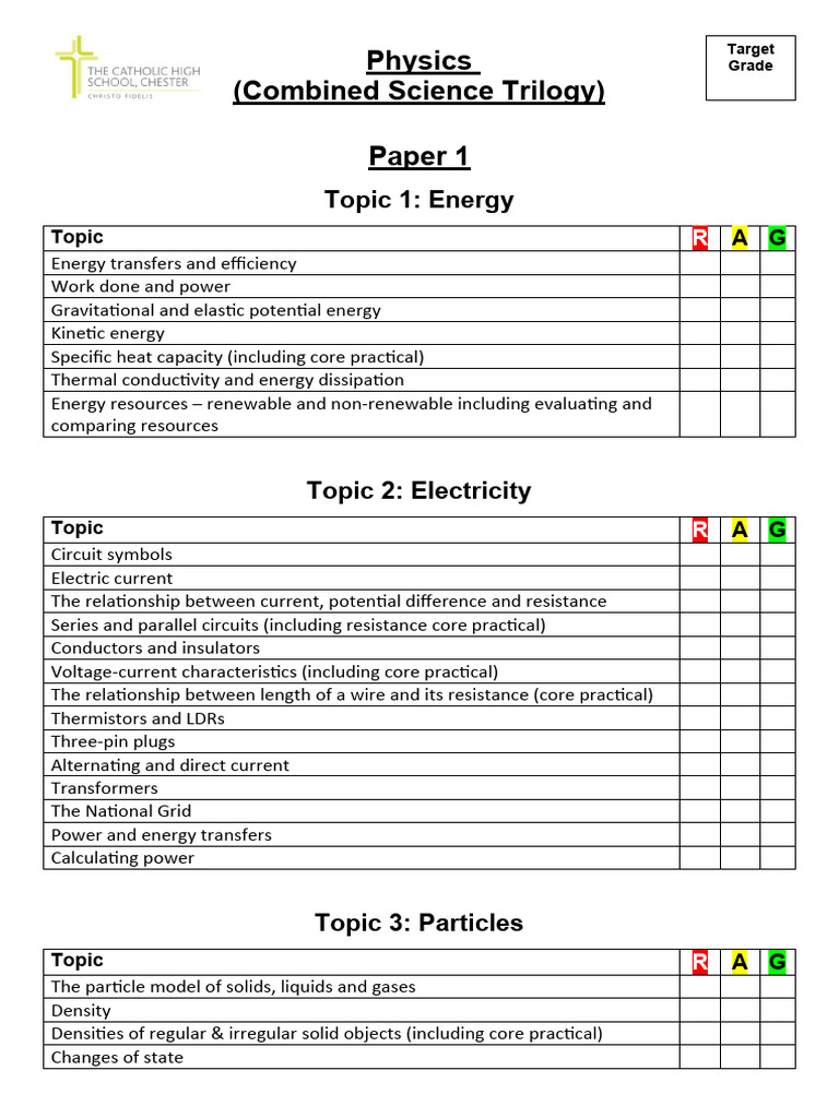 Physics Checklist Sheets Combined Trilogy | PDF | Force | Waves