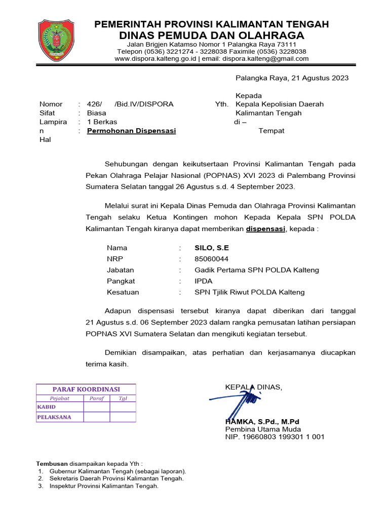 Surat Permohonan Dispensasi Pelatih | PDF