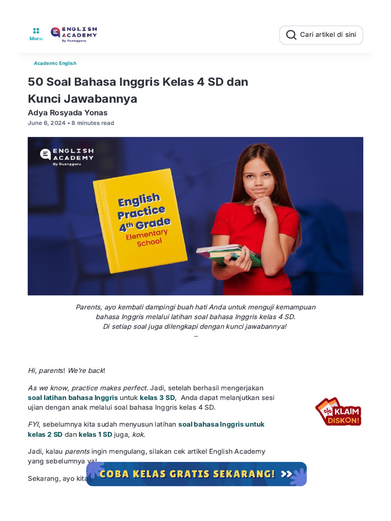 50 Soal Bahasa Inggris Kelas 4 SD Dan Kunci Jawabannya: Adya Rosyada Yonas | PDF