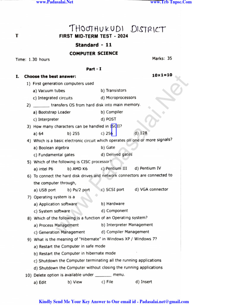 11th Computer Science 1st Mid Term Test 2024 Original Question Paper ...