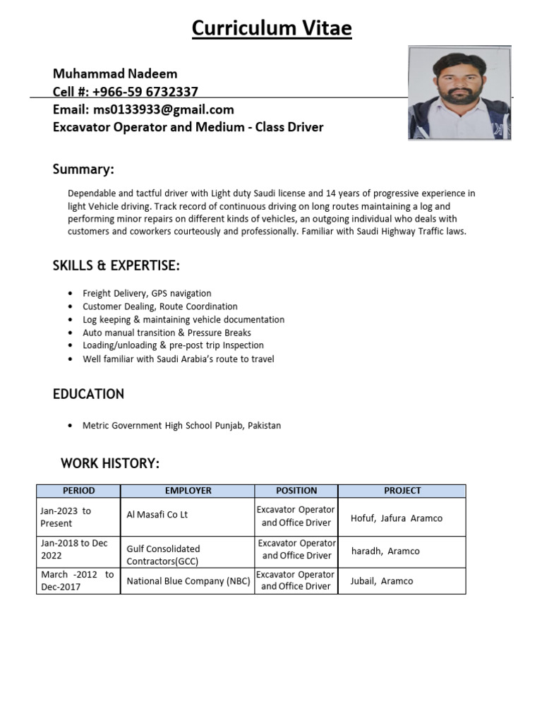 Muhammad Nadeem - CV & Certificares - Excavator Operator | PDF | Heavy Equipment | Land Vehicles