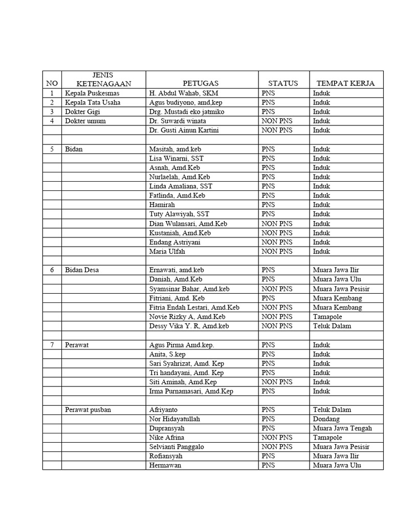 Daftar Petugas Kesehatan Puskesmas | PDF