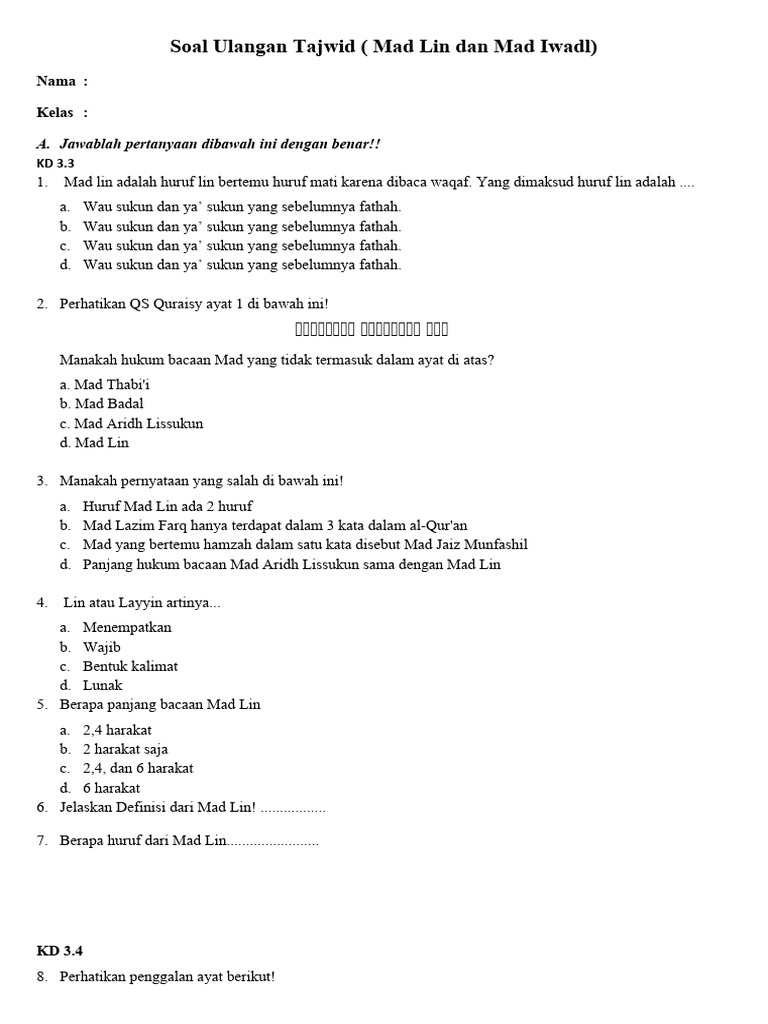 Soal Ulangan Tajwid Mad Lin Dan Mad Iwadl | PDF