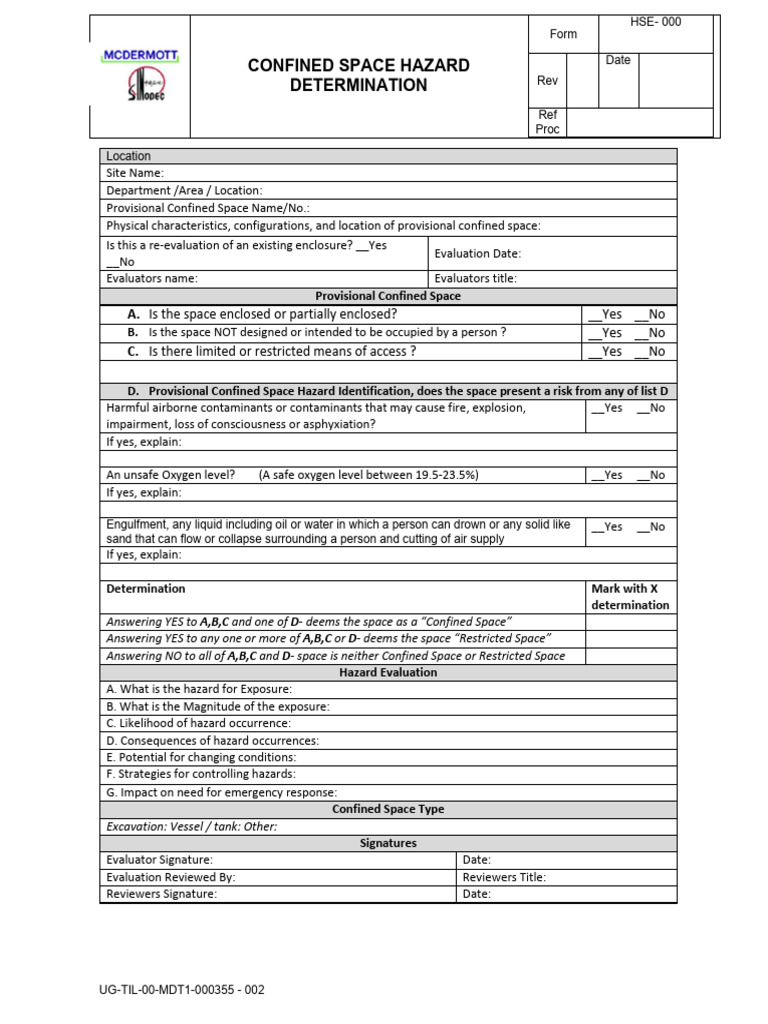 Confined Space Hazard Evaluation Form | PDF | Hazards | Working Conditions