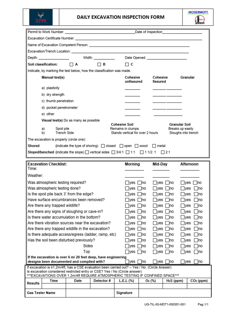 Daily Excavation Inspection Form | PDF | Earth Sciences