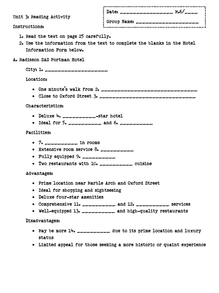 Unit 3 Reading Activity | PDF | Hotel | Buildings And Structures