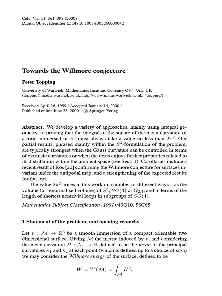 Towards The Willmore Conjecture | PDF | Curvature | Mathematical Concepts
