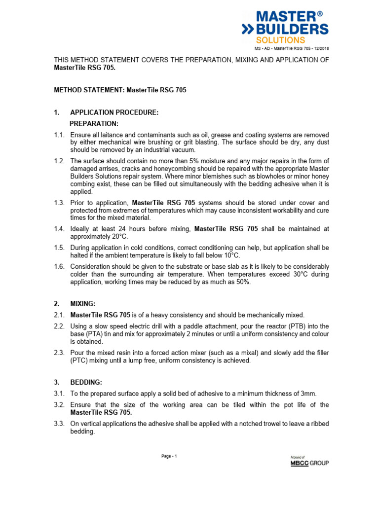MasterTile RSG 705 Application Guide | PDF | Adhesive | Tile