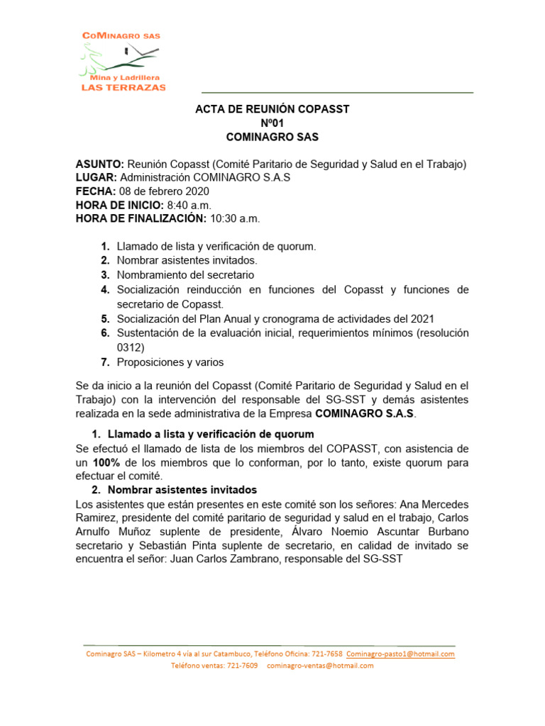 Acta Reunión COPASST Cominagro SAS | PDF | Business