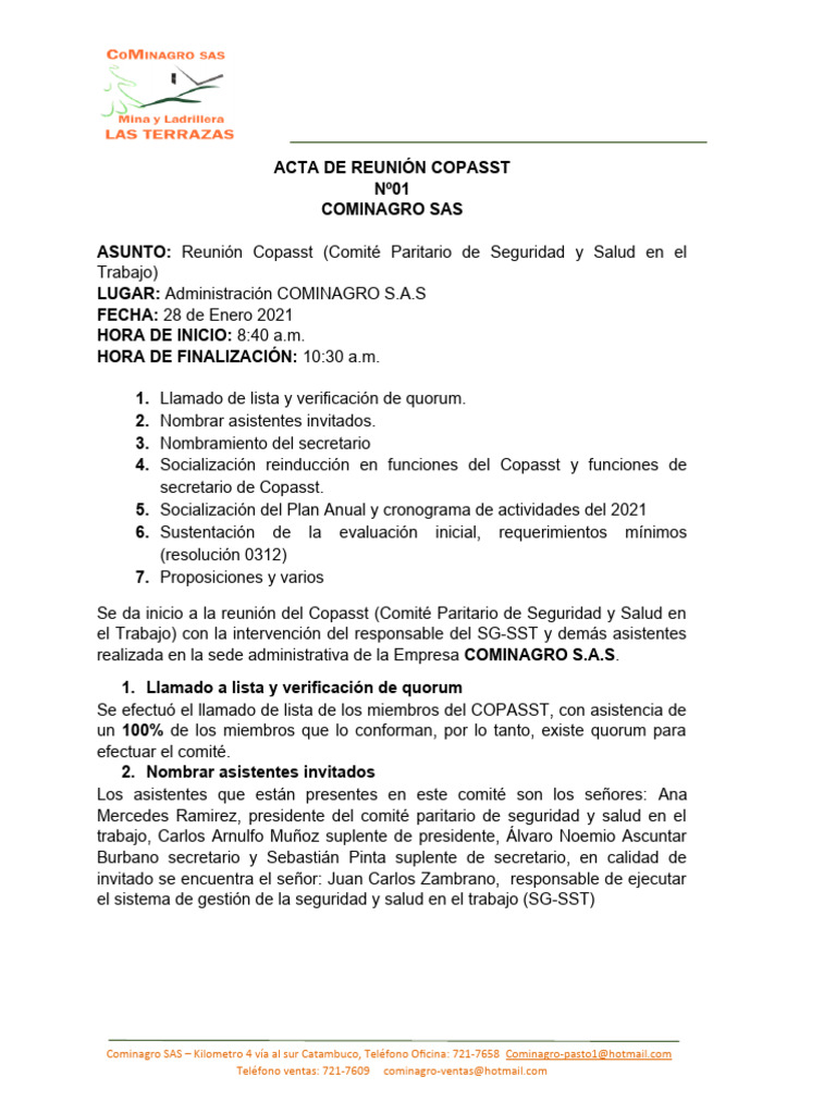 ACTA DE REUNIÓN COPASST No 3 | PDF | Derecho laboral | Business