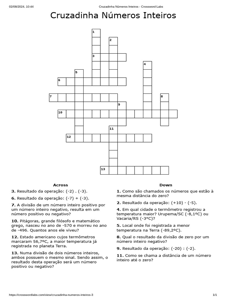 Cruzadinha de Números Inteiros | PDF | Celsius