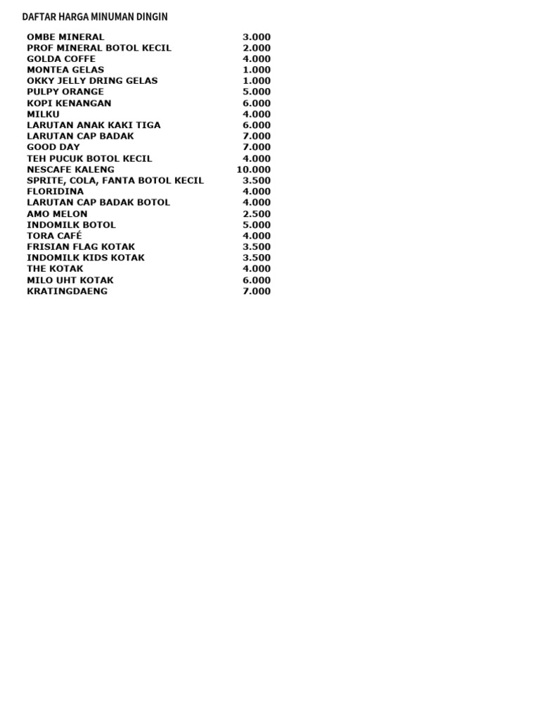 Daftar Harga Minuman Terjangkau | PDF