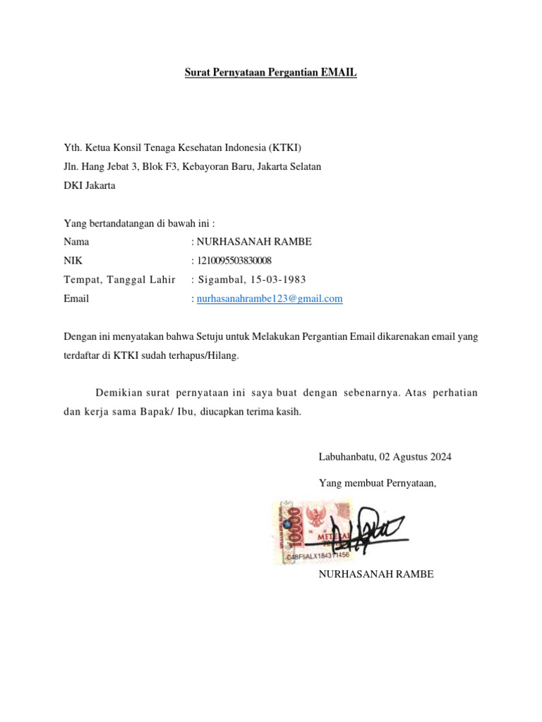 Surat Pernyataan Pergantian EMAIL SATU SEHAT SDMK | PDF