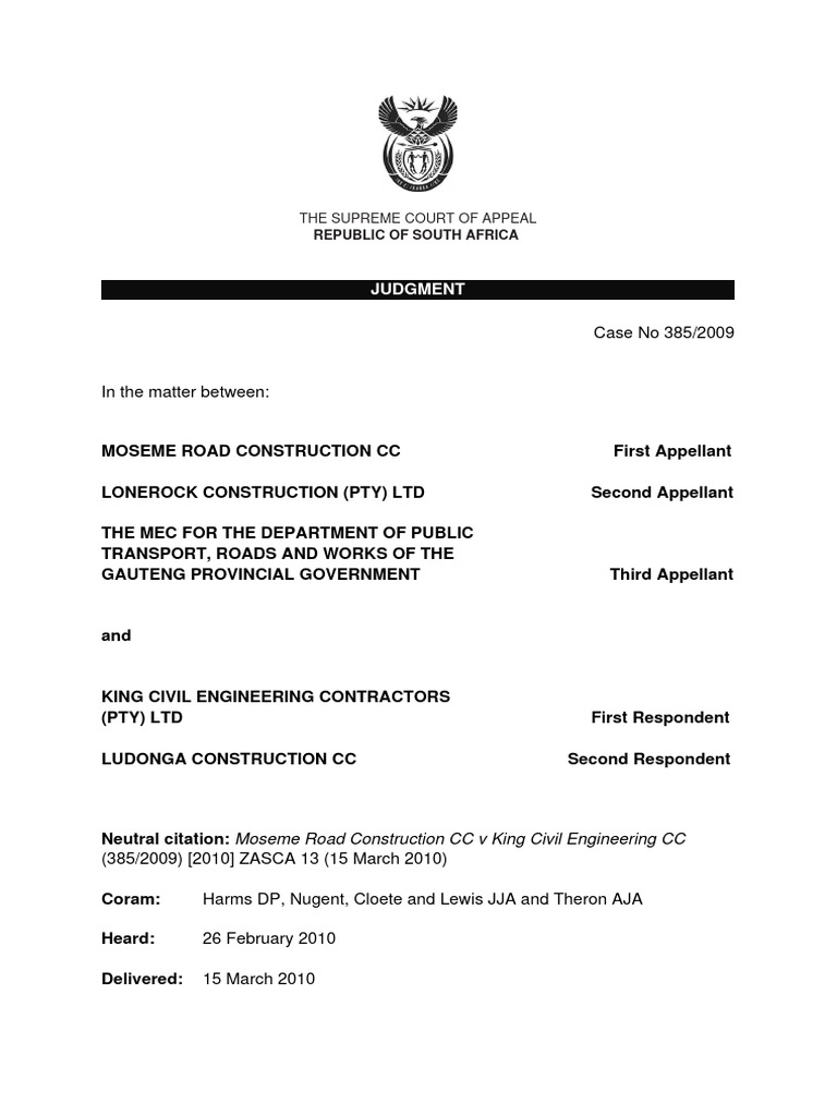 Moseme Road Construction (2010) 3 All SA 549 (SCA) | PDF | Judgment ...