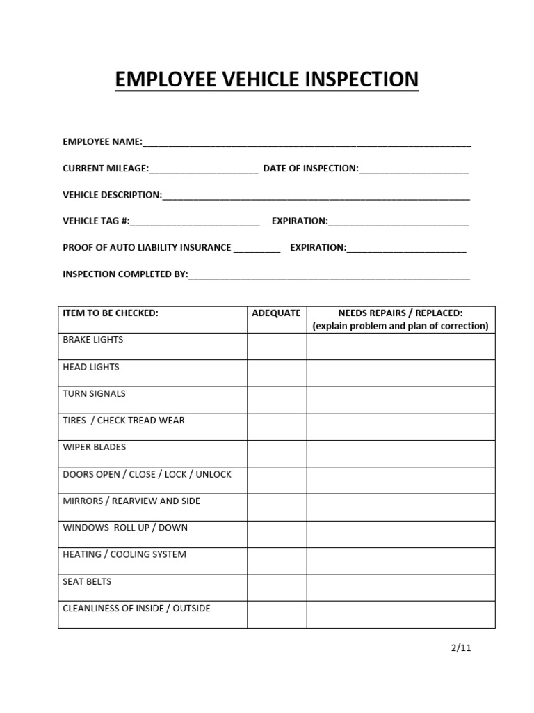 Employee Vehicle Inspection Checklist | PDF | Business | Technology ...