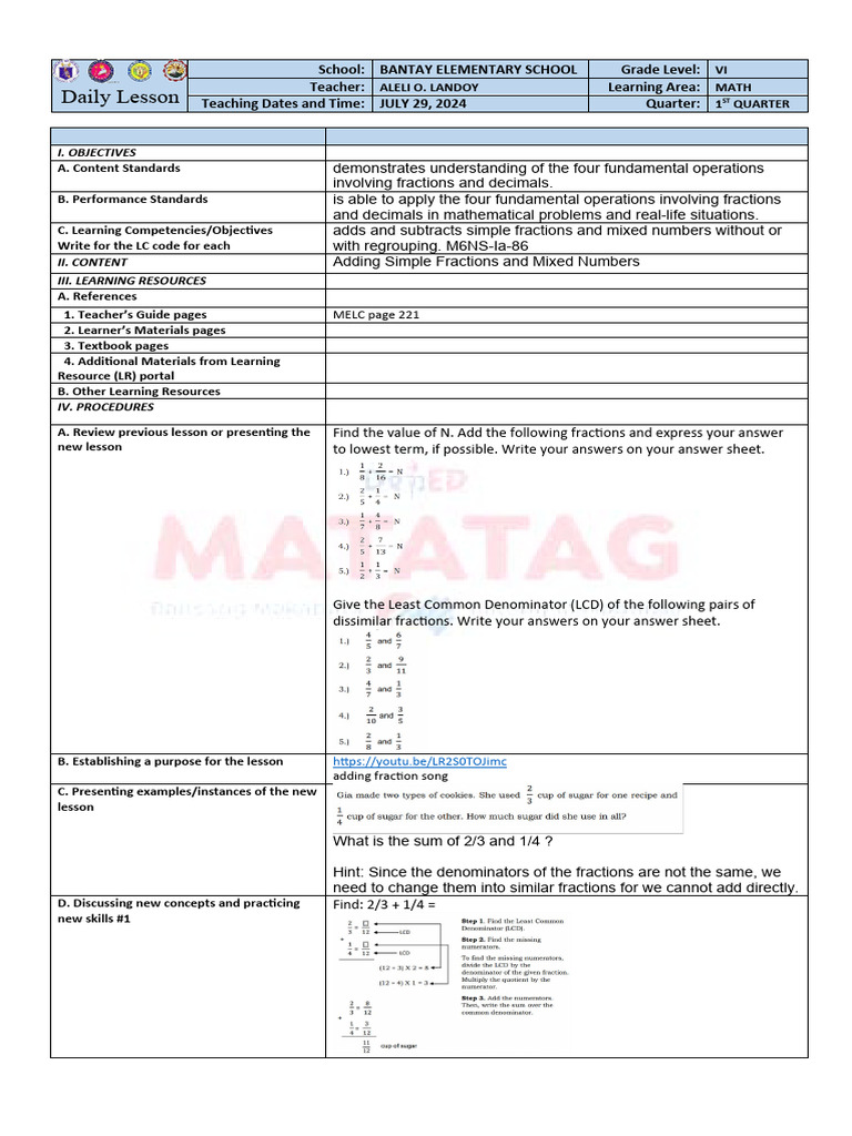 dll math 6 q1,w1,d1 | PDF | Behavior Modification | Cognition