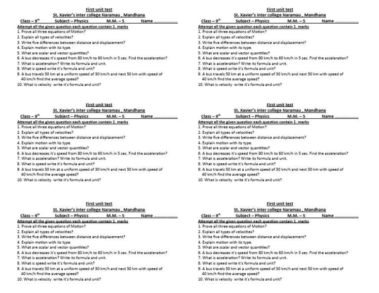 Class 9th First Unit Test 2024 - 25 | PDF | Speed | Acceleration