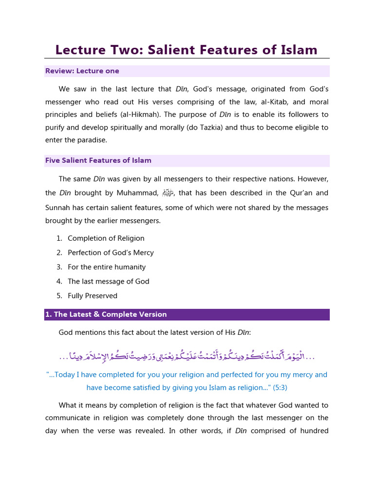 Lecture 02 Salient Features of Islam & Authenticity of Main Sources ...