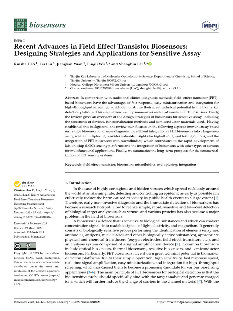 biosensors-13-00426 | PDF | Biosensor | Field Effect Transistor