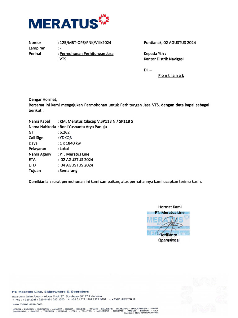 Permohonan VTS Meratus Cilacap | PDF
