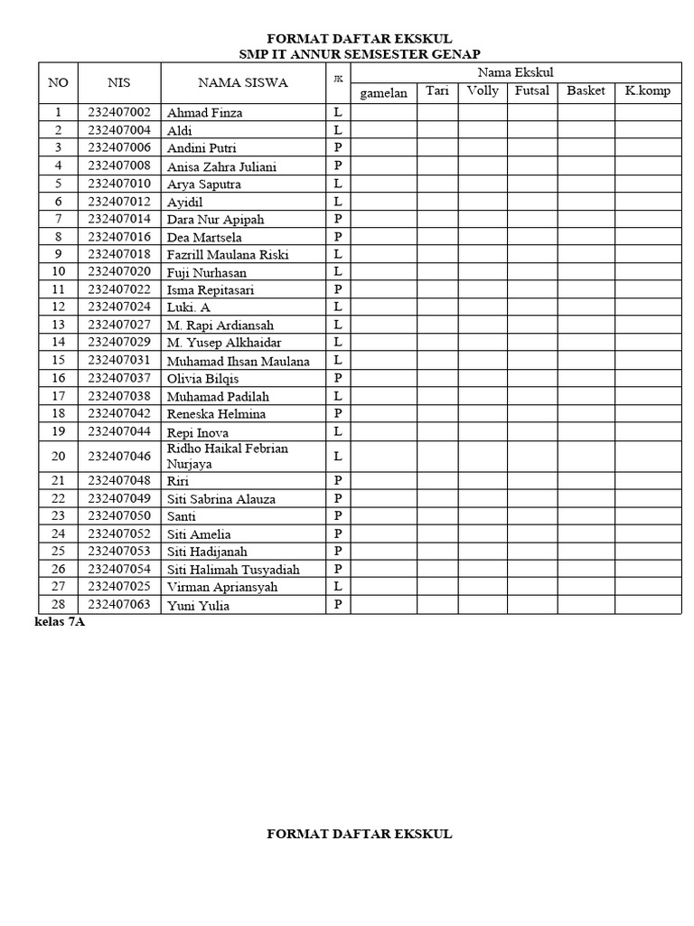 Format Daftar Ekskul | PDF