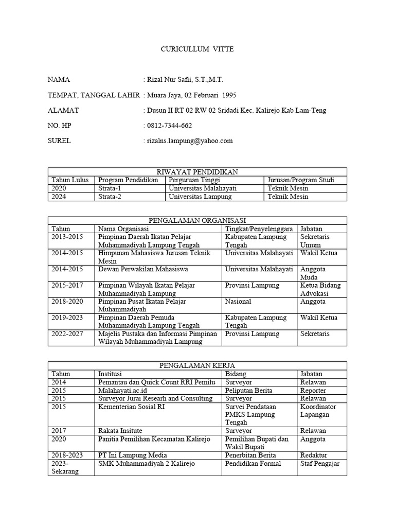 CV Rizal Nur Safii | PDF