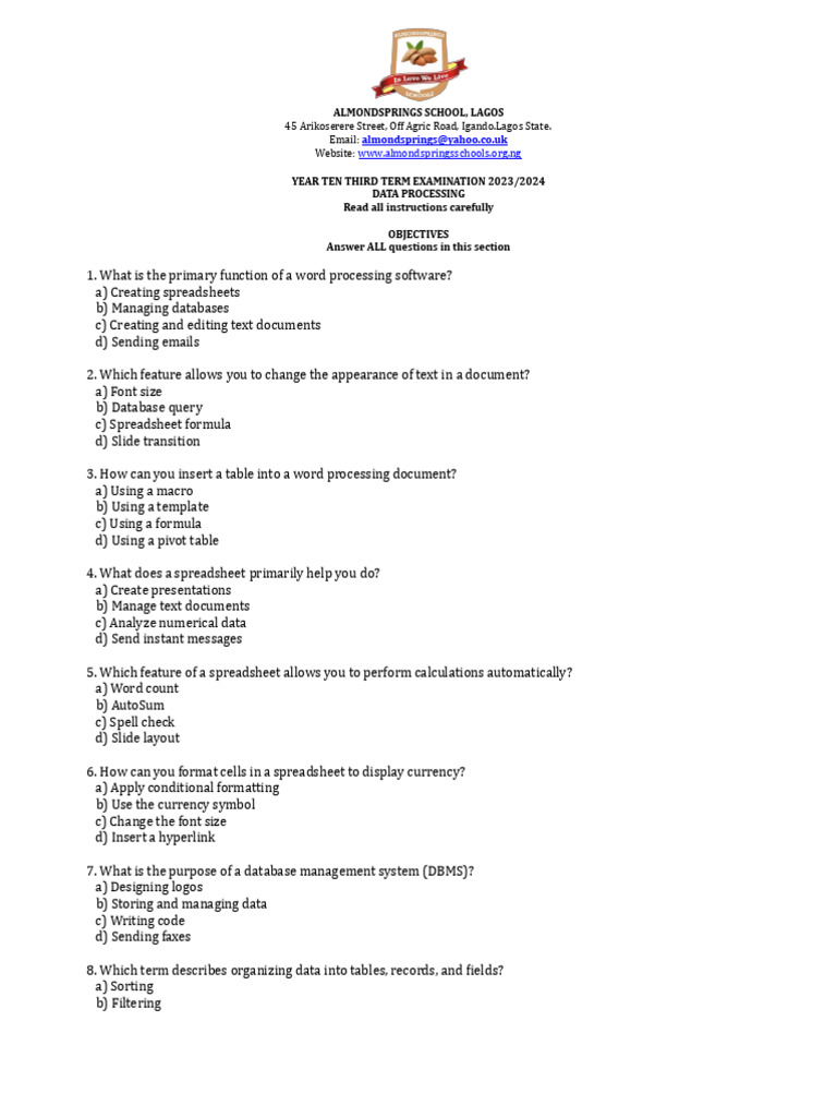 Year 10 3rd Term Exam 2023 - 24 (Data Processing) | PDF | Spreadsheet | Databases