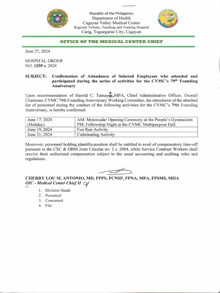 HO 1295 S. 2024 CVMC Anniv Participants | PDF