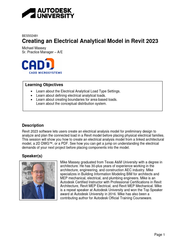AU2020 BES502481 Creating An Electrical Analytical Model In Revit